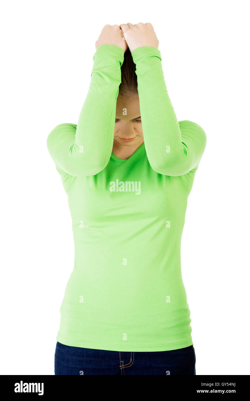 Attractive woman covering herself hands hi-res stock photography and ...