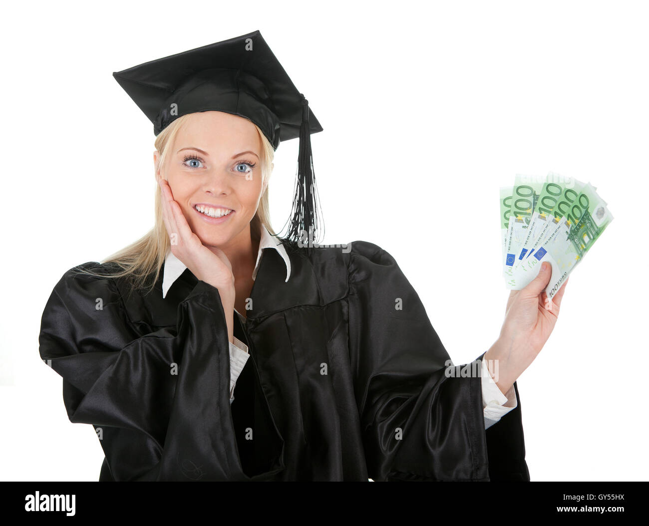 Female graduate student holding money Stock Photo - Alamy