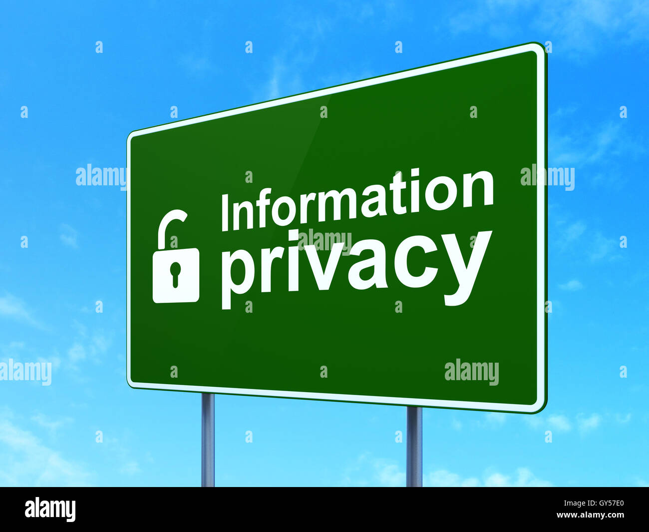 Privacy concept: Information Privacy and Opened Padlock on road sign ...