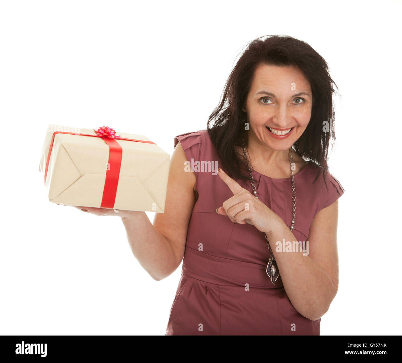 Happy woman holding gift box Stock Photo - Alamy