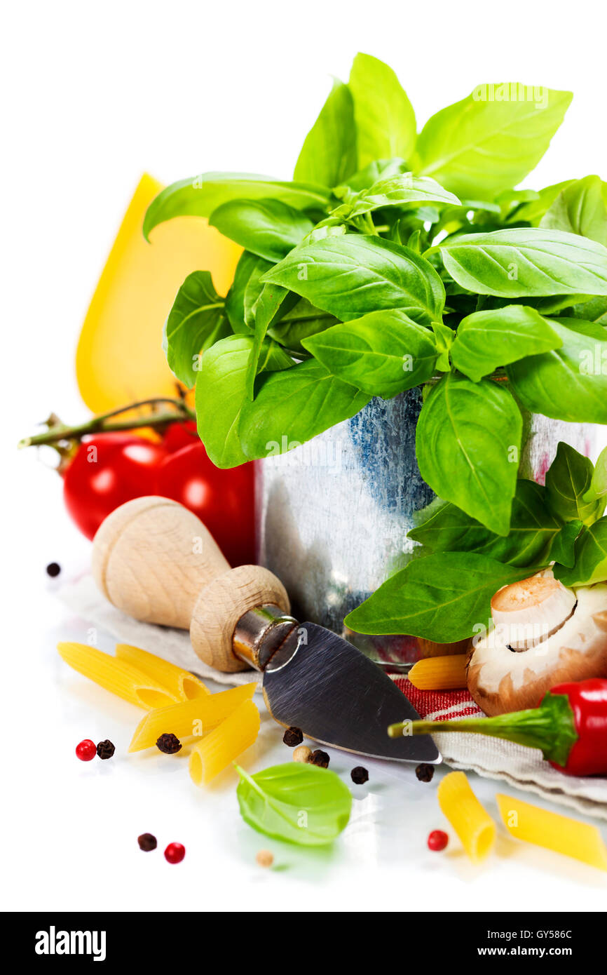 Fresh basil in the pot and italian ingredients Stock Photo - Alamy