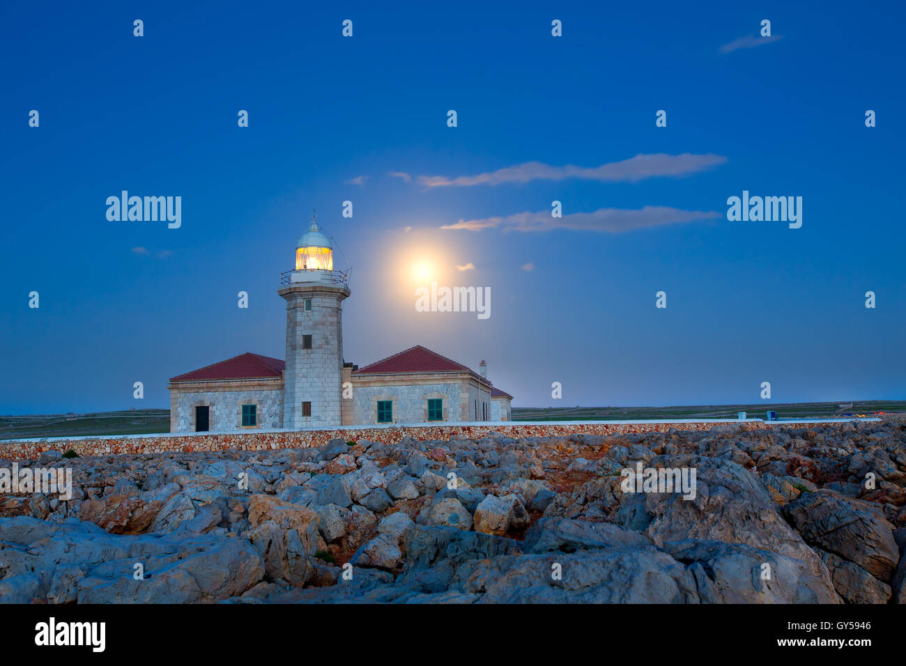 Ciutadella Menorca Punta Nati lighthouse moon shine Stock Photo - Alamy