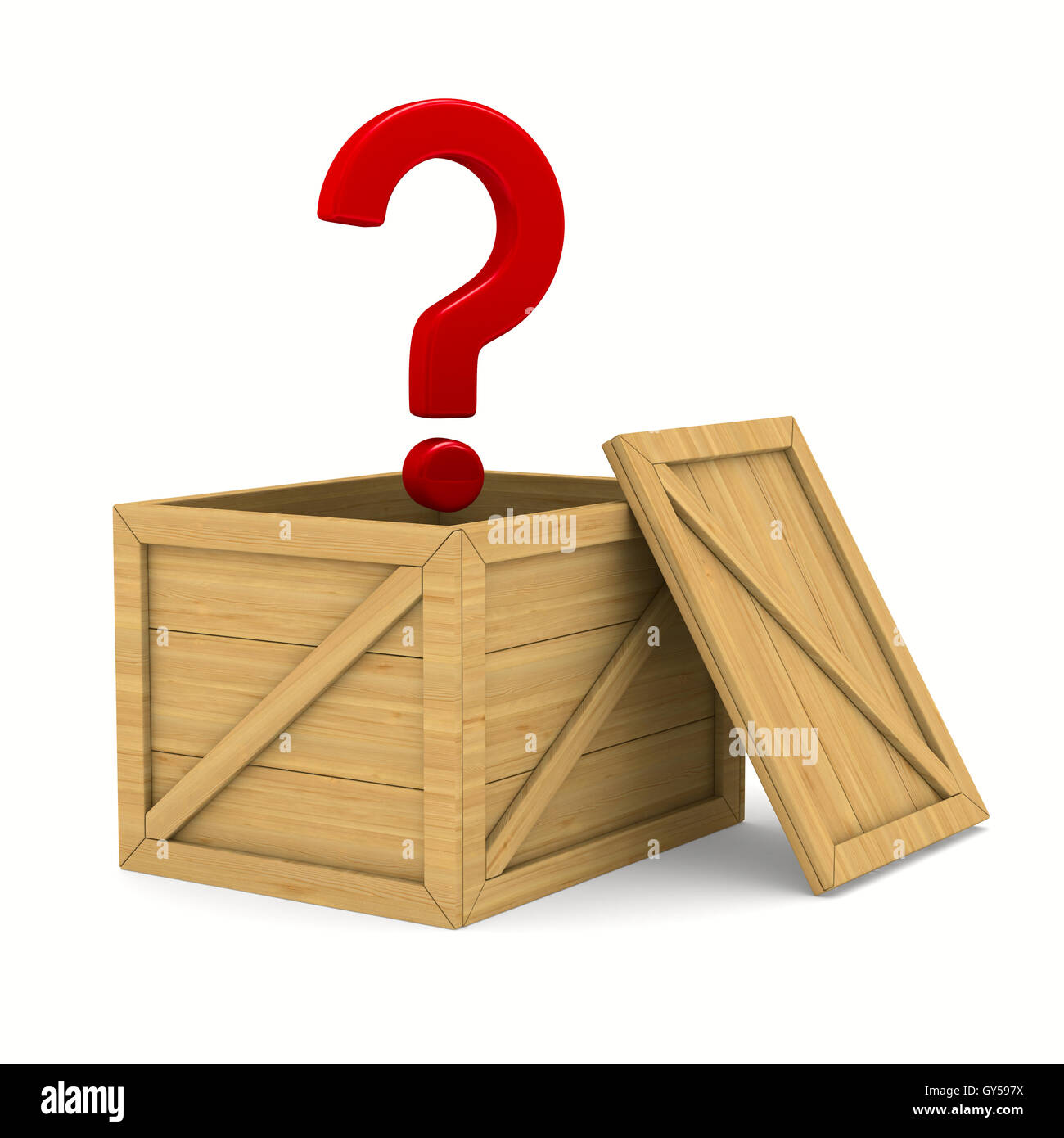 empty wooden box and question. Isolated 3D image Stock Photo - Alamy