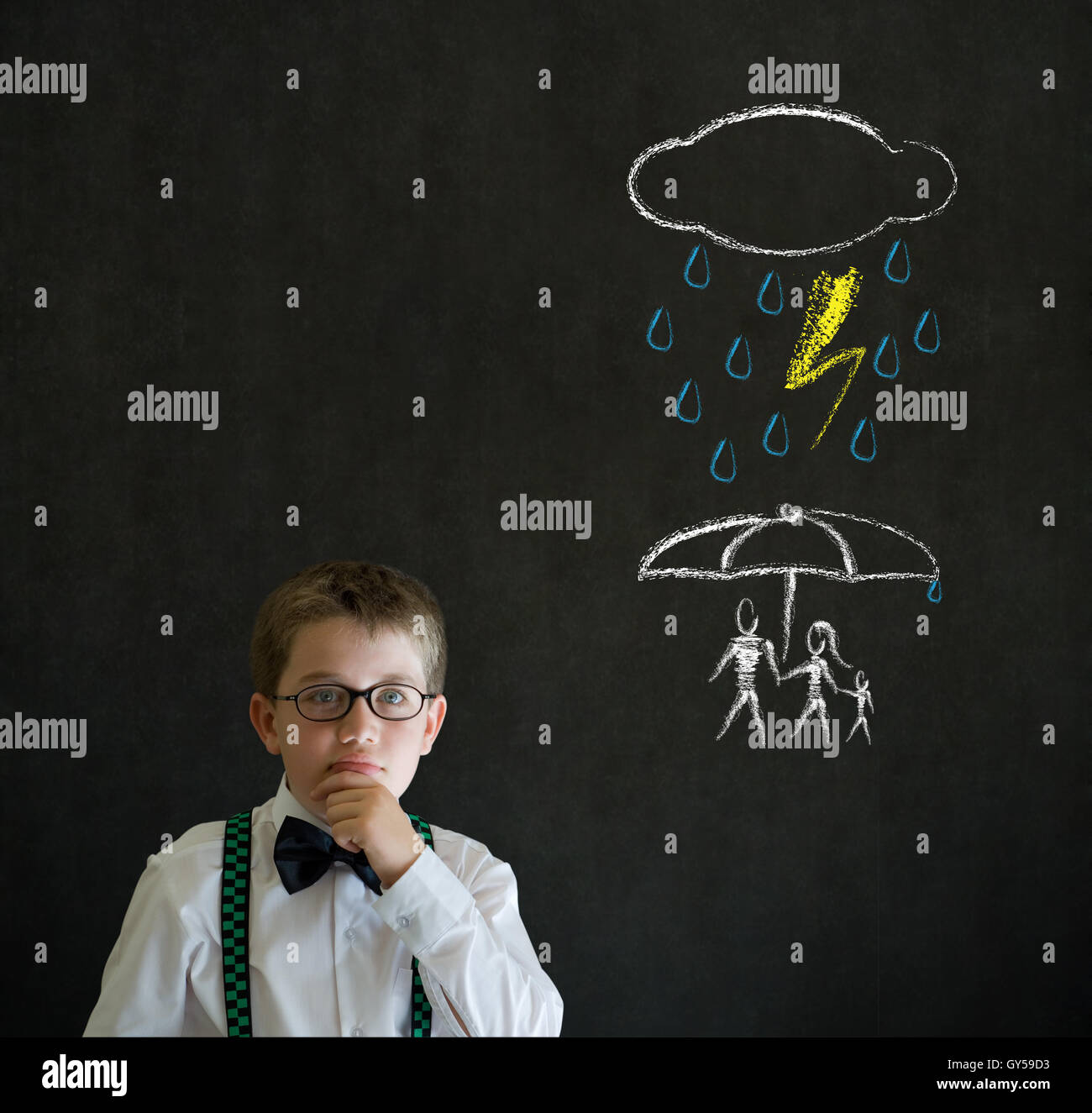 Thinking boy business man thinking about protecting family from natural ...