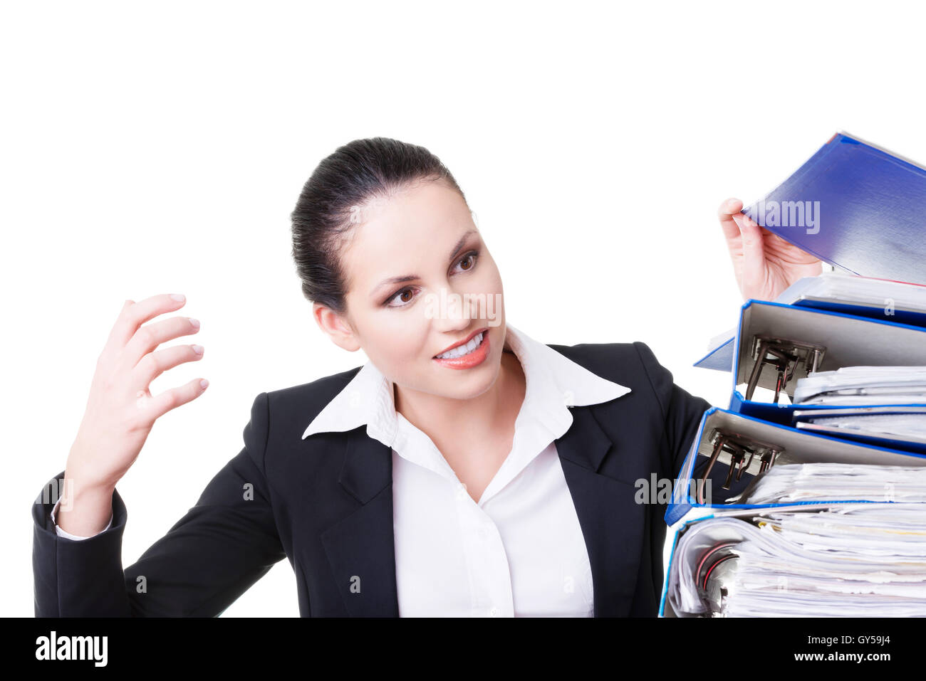 Business woman with stack of binders Stock Photo - Alamy