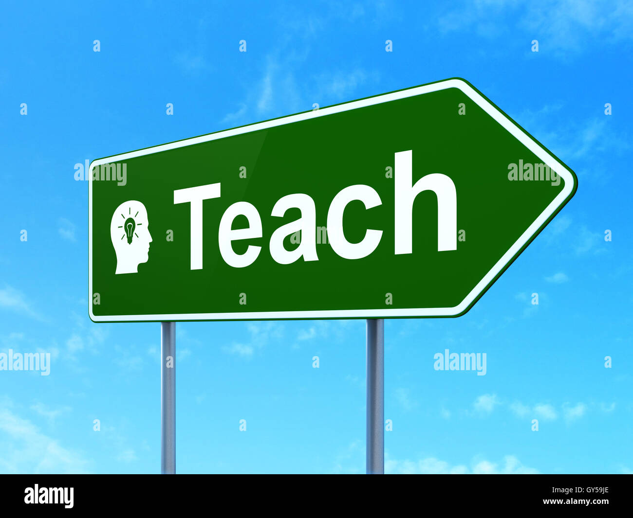 Education concept: Teach and Head With Light Bulb on road sign ...