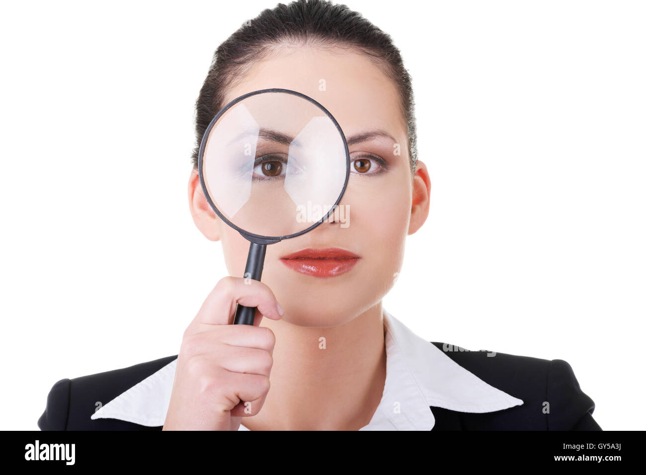 Business woman looking through magnifying glass Stock Photo - Alamy