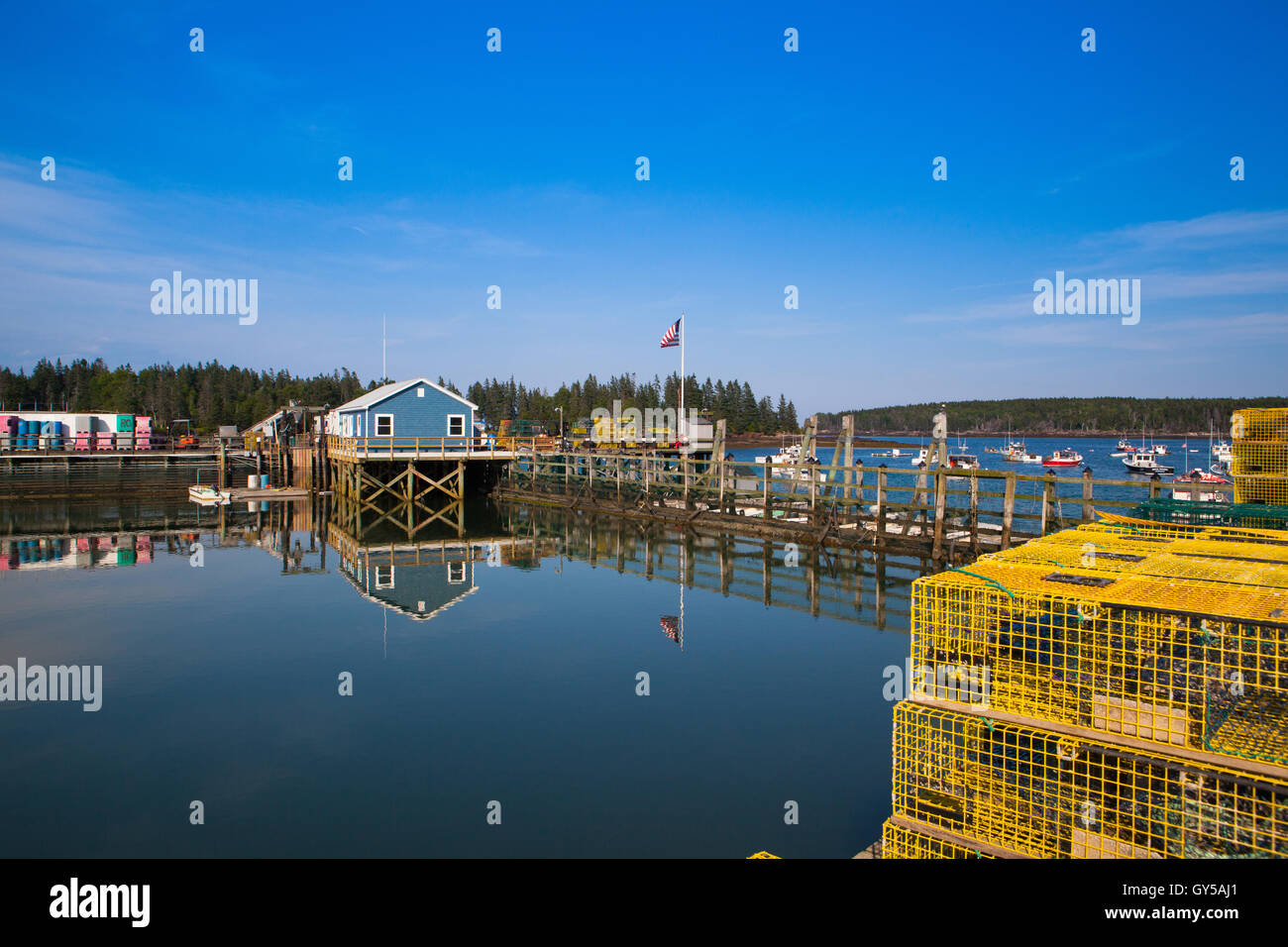 Crab farm and crab cages on Saint George Peninsula, Maine, USA Stock ...