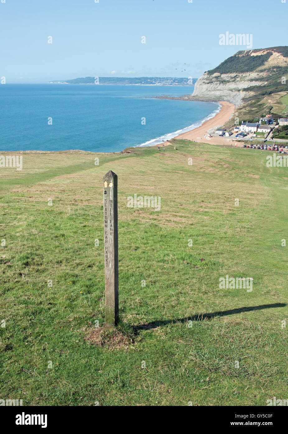 Signpost on the South West Coast Path, Golden Cap, Dorset Stock Photo ...
