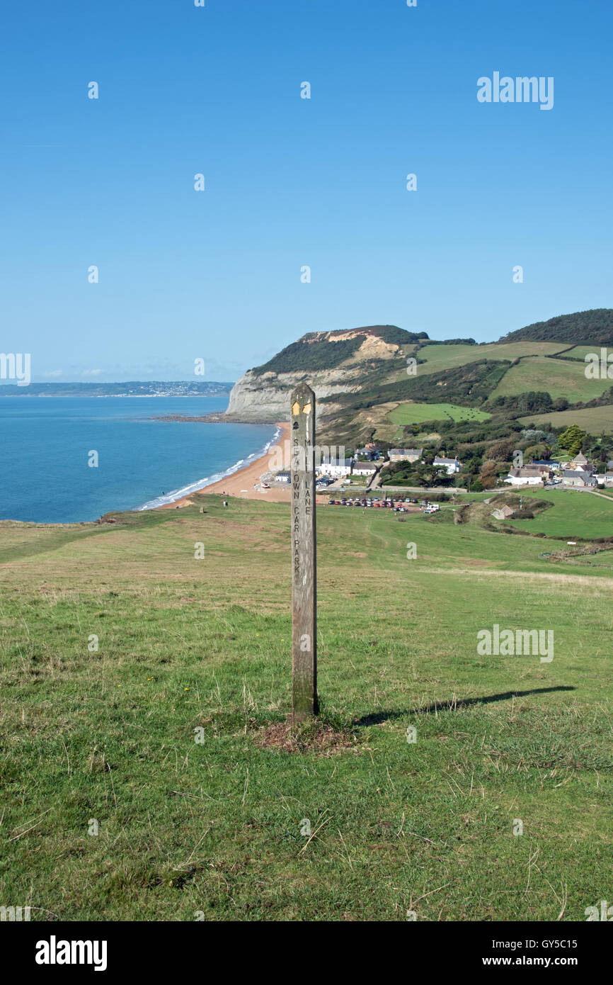 Signpost on the South West Coast Path, Golden Cap, Dorset Stock Photo ...