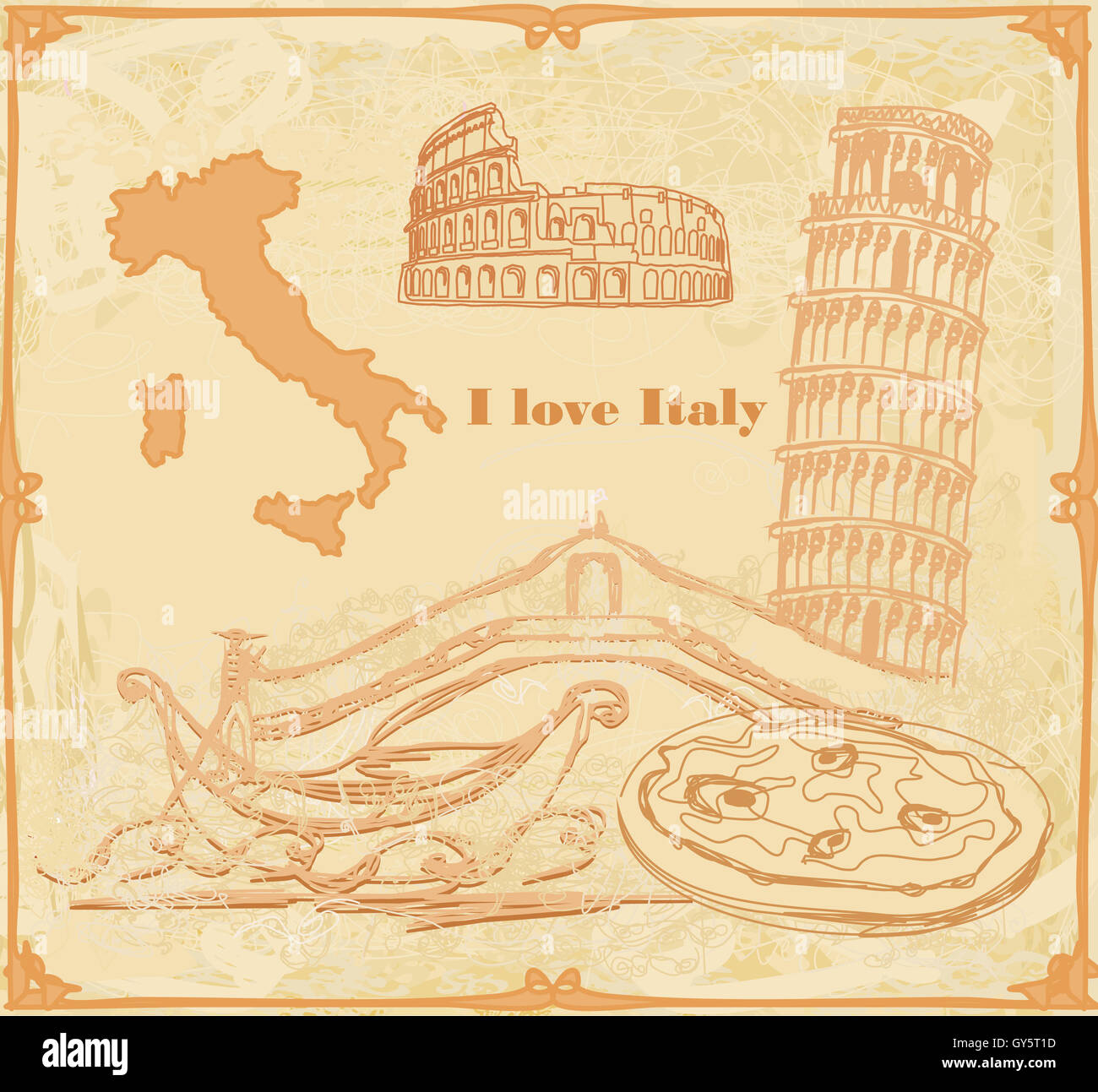 Symbols of Italy vintage card Stock Photo - Alamy