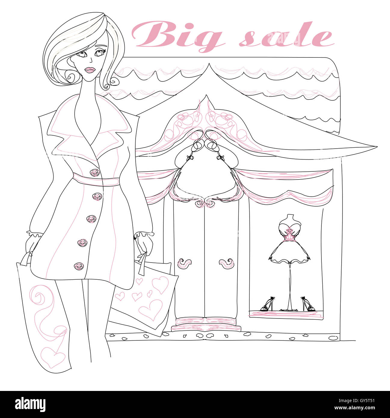 Stylish girl shopping , doodle illustration Stock Photo - Alamy