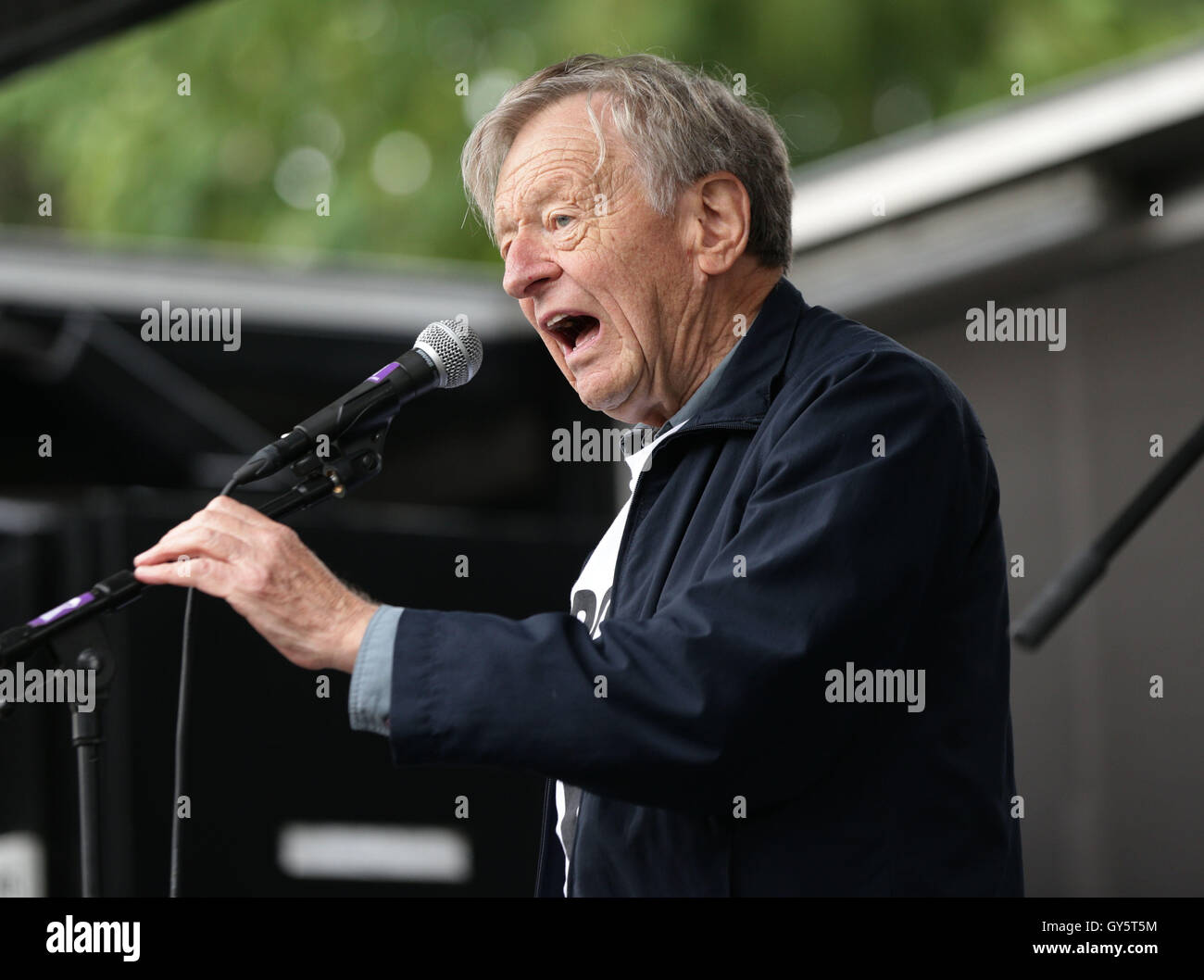 Lord Alf Dubs on stage addressing the crowd during a rally in ...