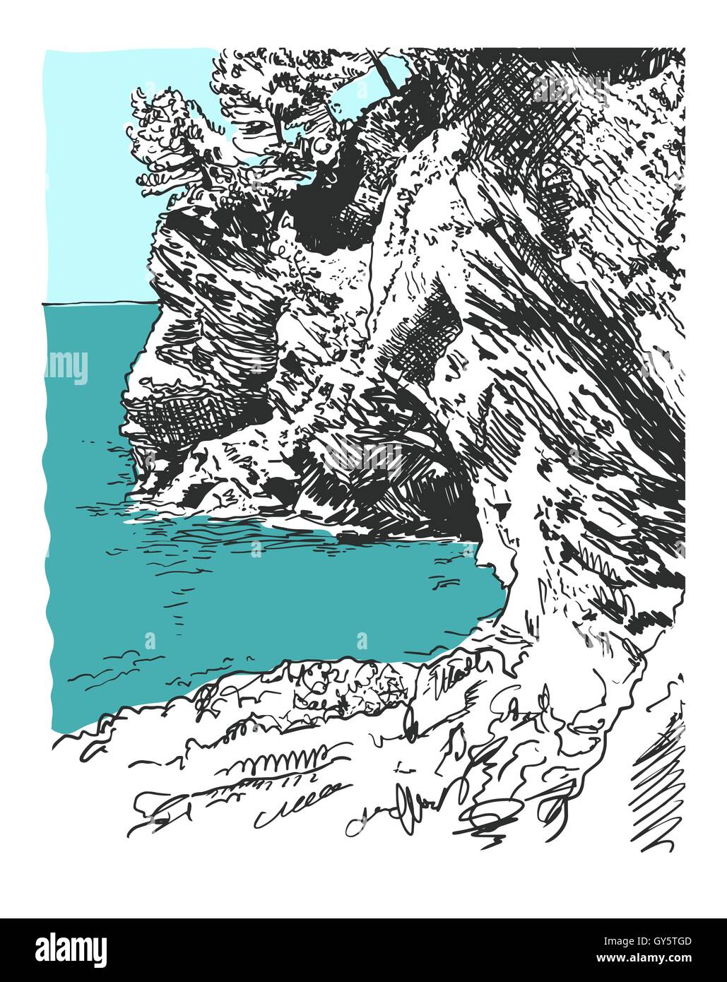 sketch drawing of nature rock at adriatic sea in Petrovac Monten Stock ...