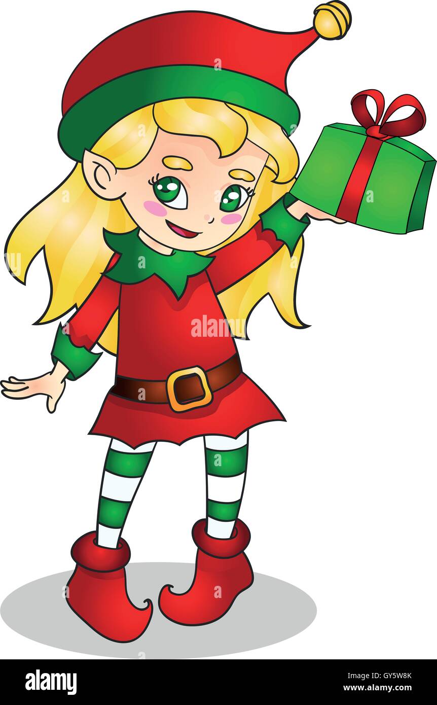 Christmas Elf Girl Character With Present Vector Stock Vector Image And Art Alamy