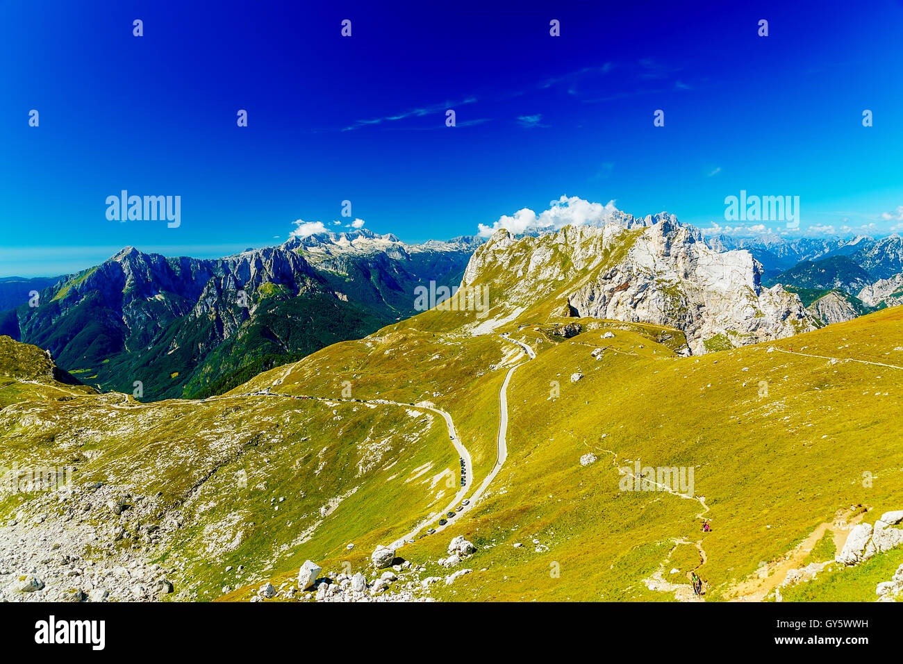 Beautiful alps landscape. Beautiful majestic mountain peaks with paths ...
