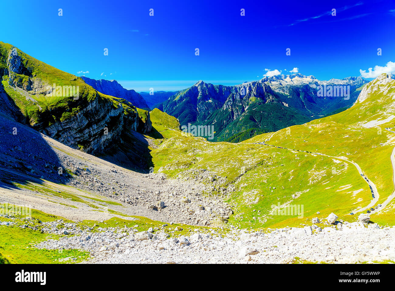 Beautiful alps landscape. Beautiful majestic mountain peaks with paths ...