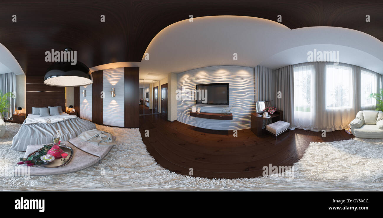 3d illustration spherical 360 degrees, seamless panorama of bedroom ...