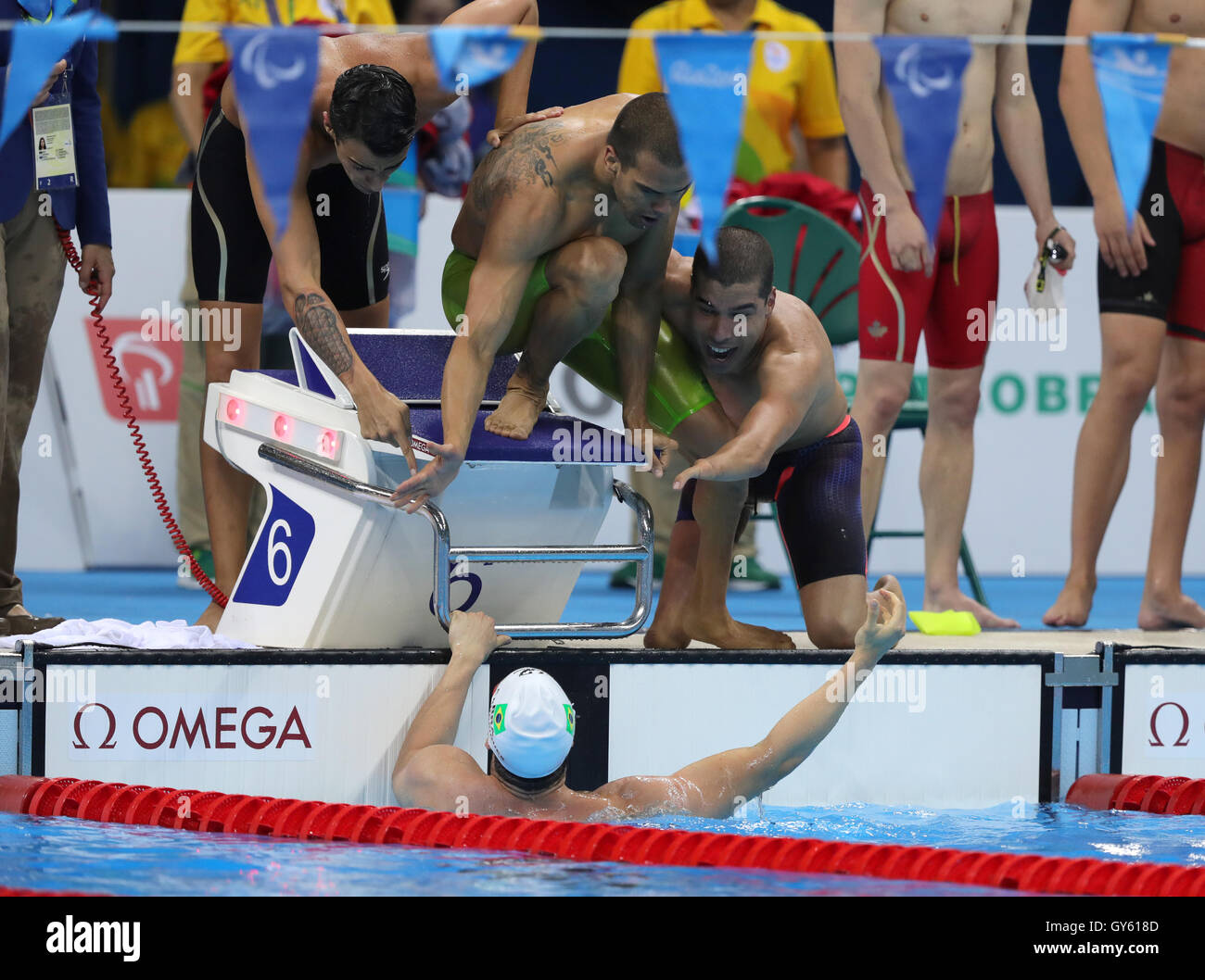 The Brazilian team celebrate winning bronze in the Men's 4x100m Medley ...
