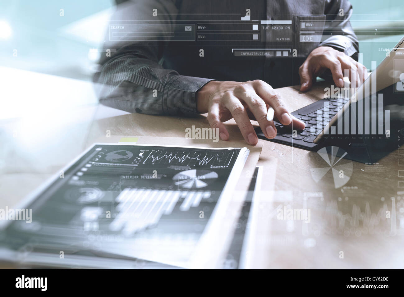 Businessman hand working concept. Documents finance graphic chart ...