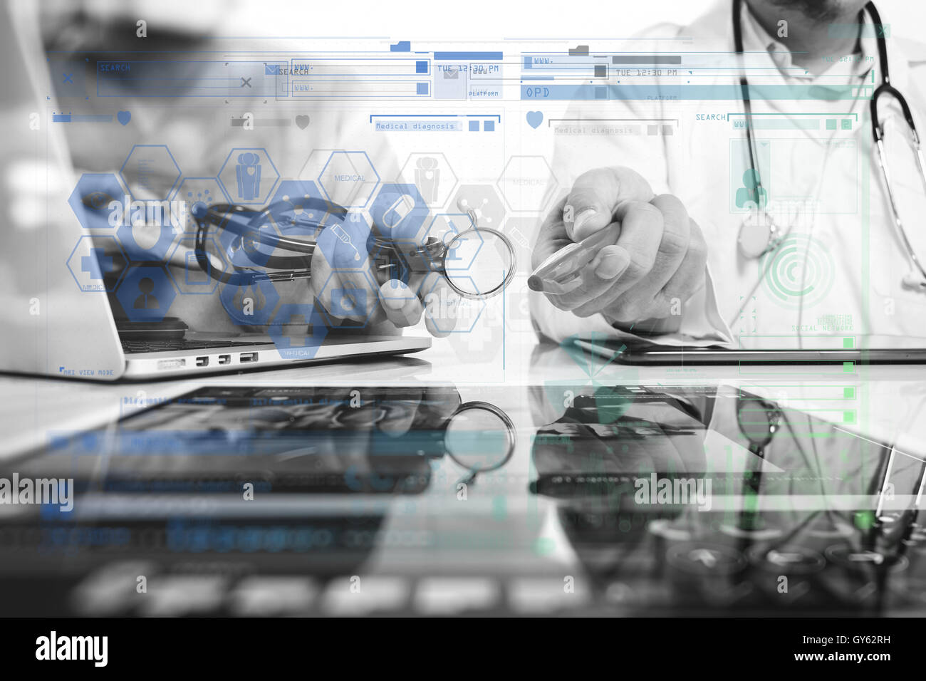 Medical technology network team meeting concept. Doctor hand working ...