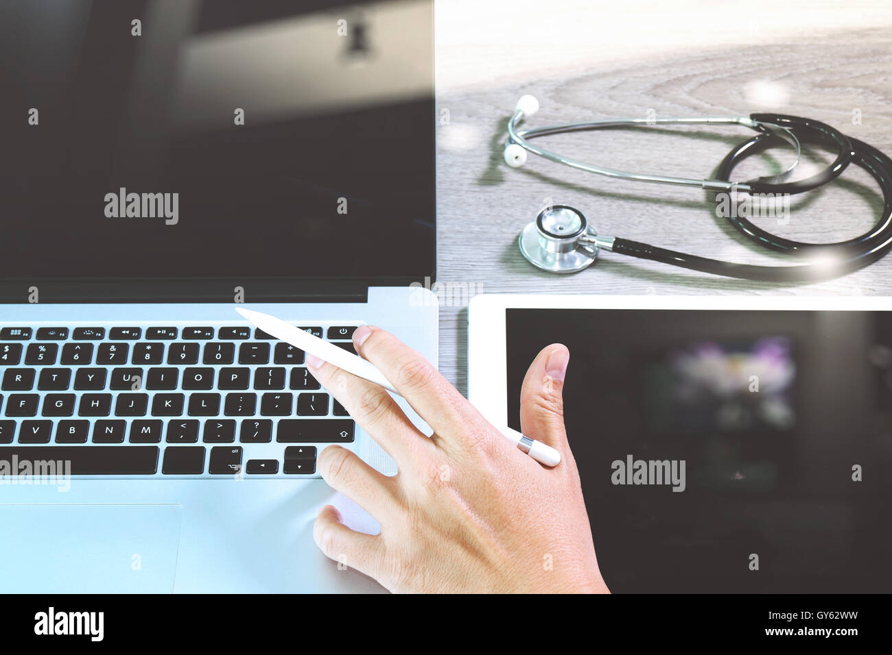 Medical network technology concept. Doctor hand working with ...