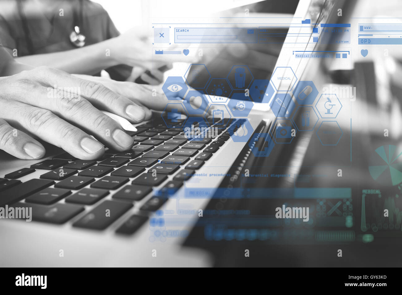 Medicine doctor hand working with modern computer and digital pro ...