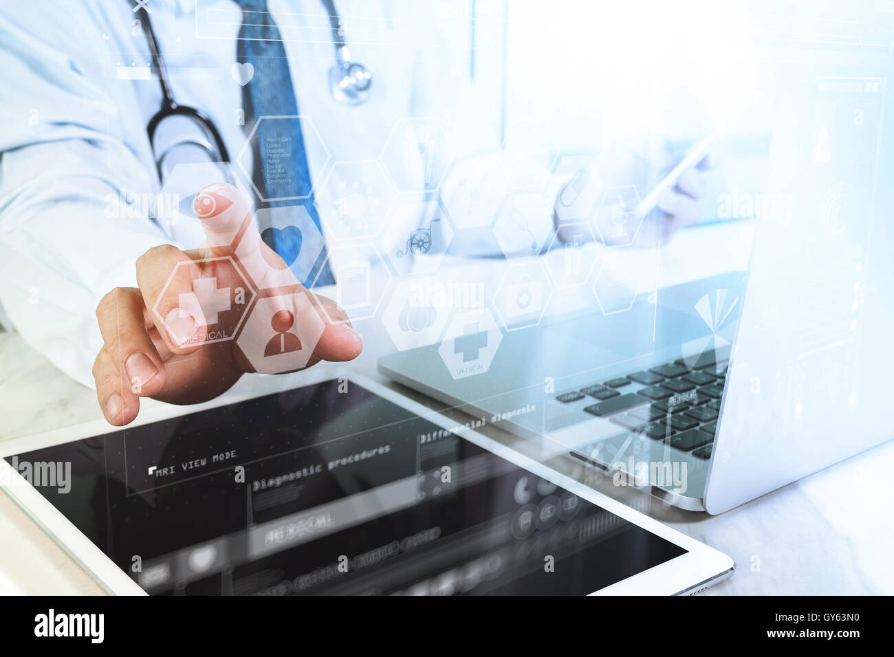 Medical technology concept. Doctor hand working with modern digital ...