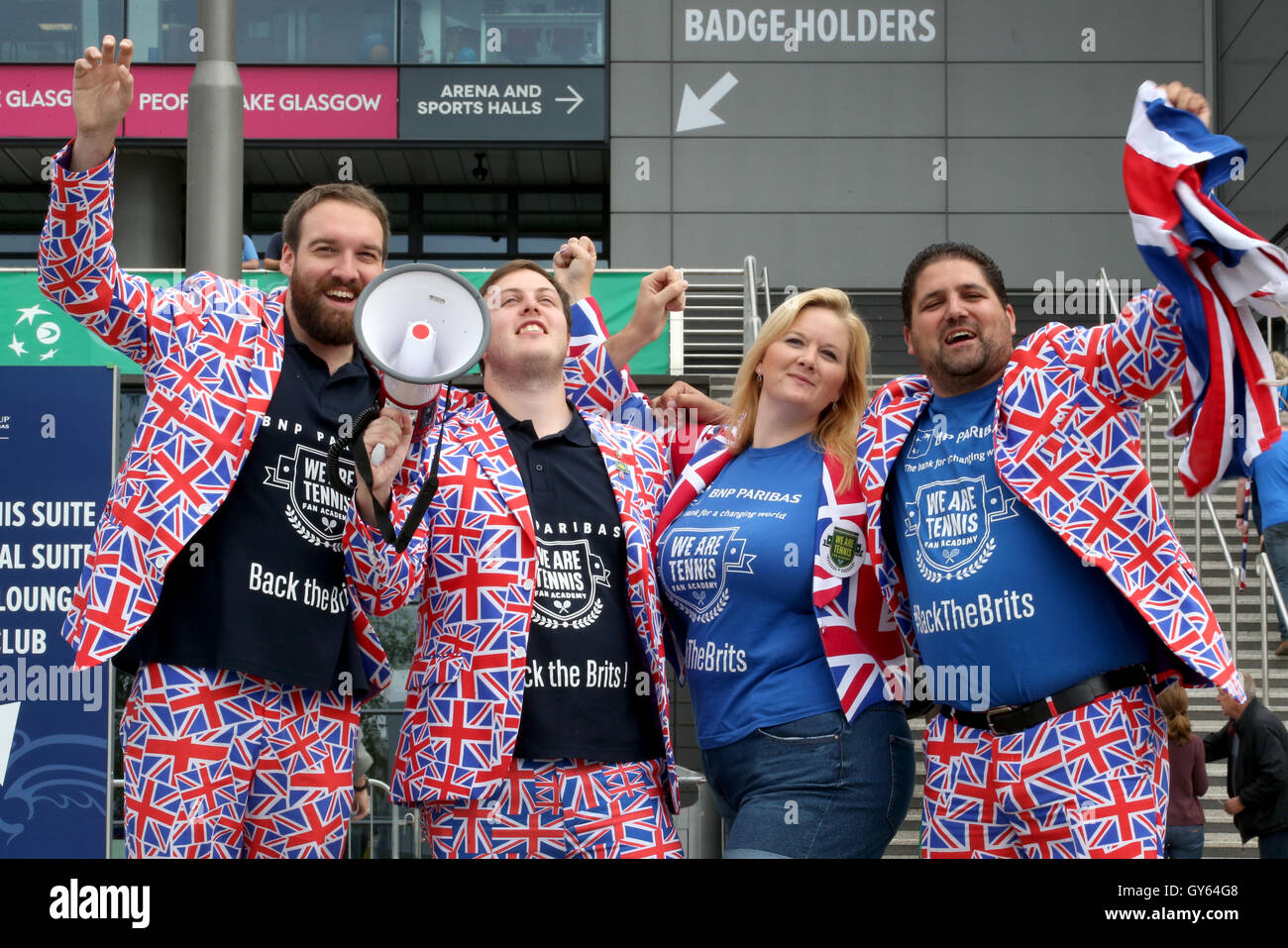 Tennis fans (from left) Lloyd Clarkson, Danny McArdle, Bethany Thomas ...