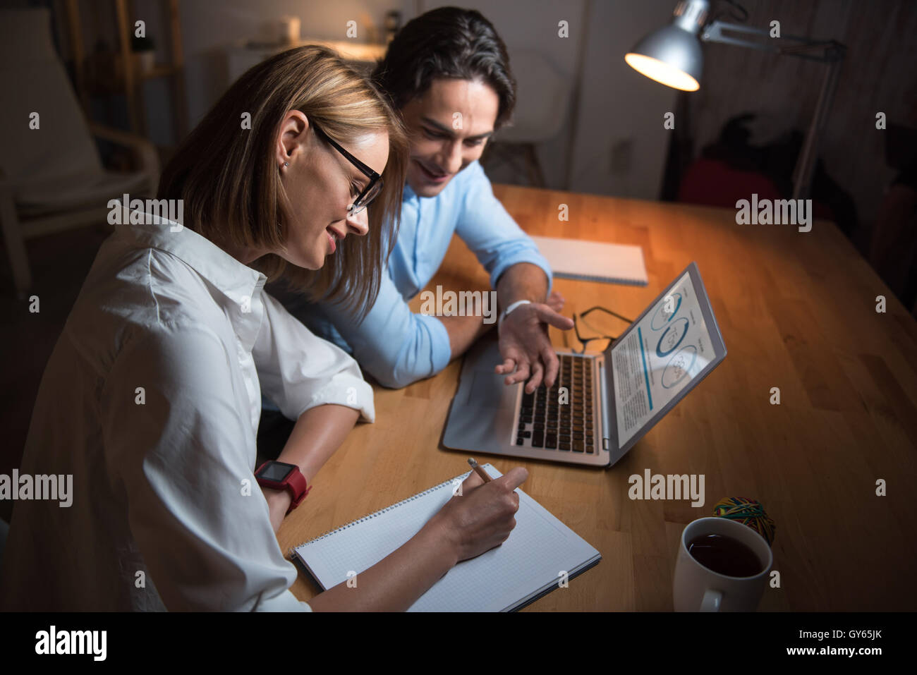 Smiling colleagues making a project Stock Photo - Alamy
