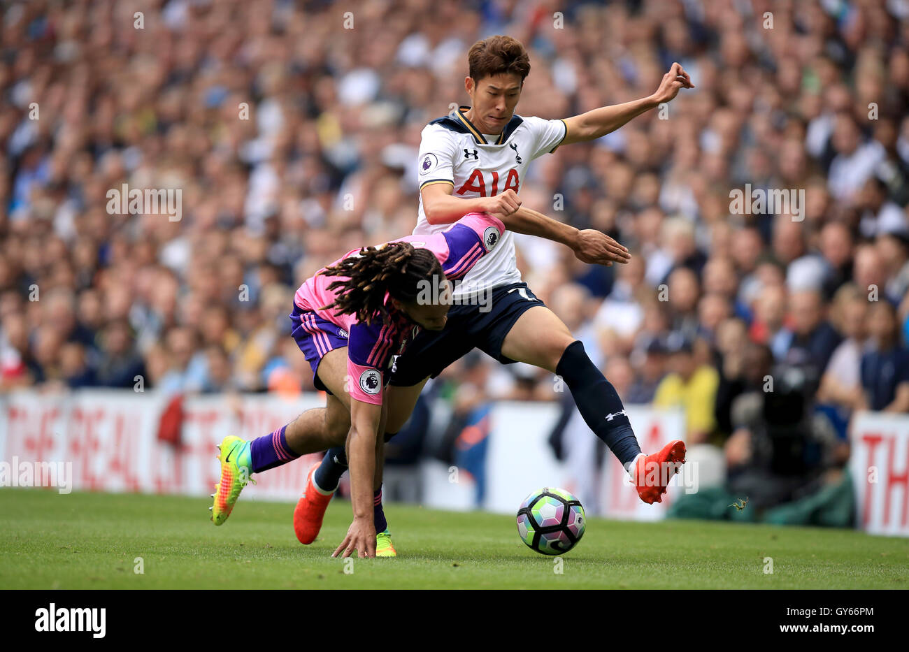 Sunderland's Jason Denayer (left) and Tottenham Hotspur's Son Heung-Min ...