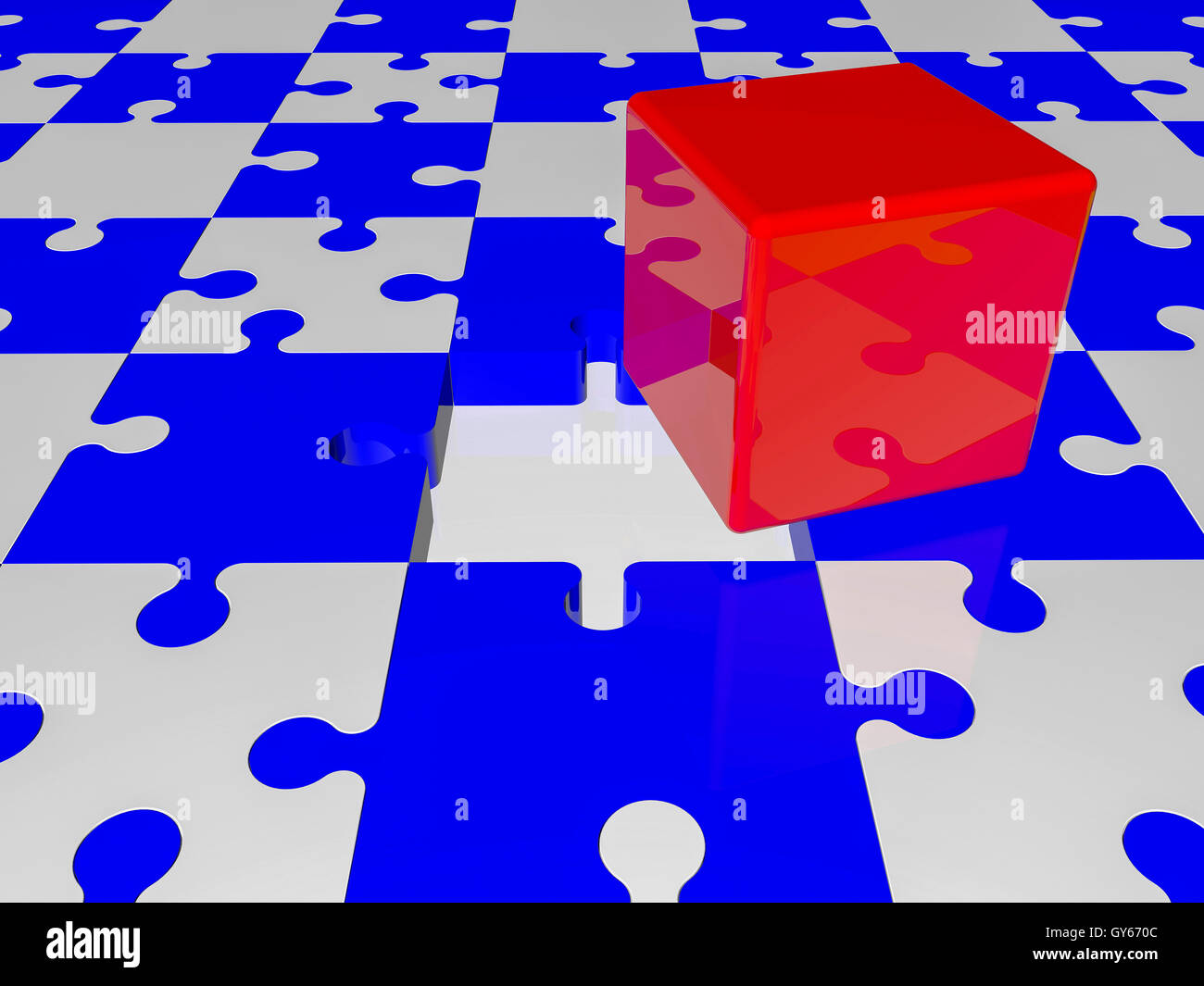 Red cube on puzzle pieces in blue and white colors Stock Photo - Alamy