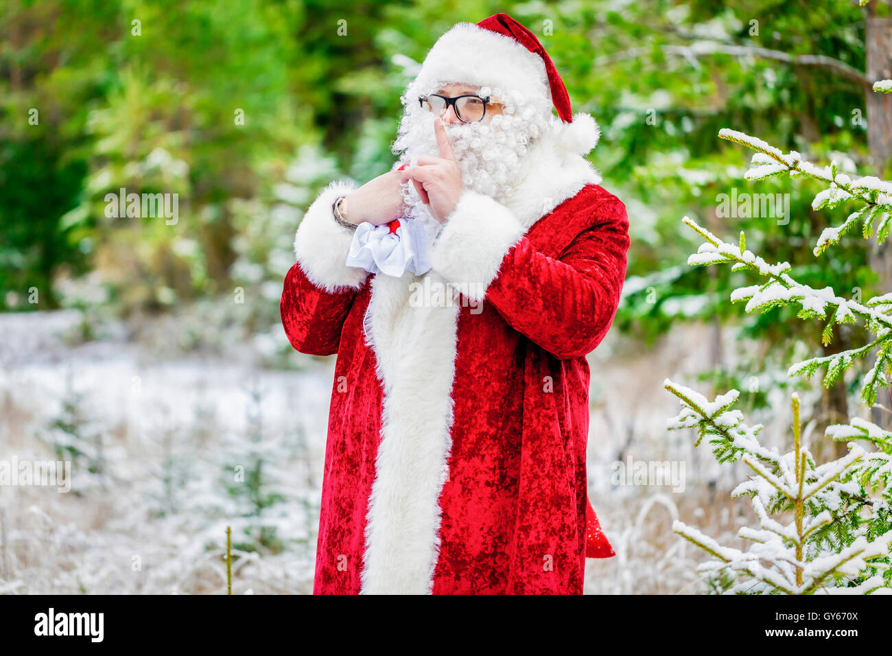 Santa Claus in woods showing quiet secret Stock Photo - Alamy