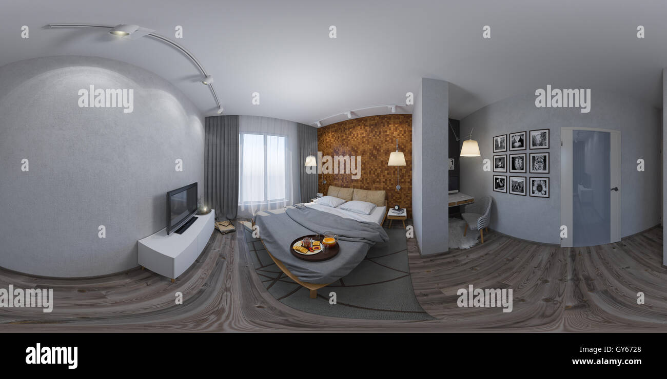 3d illustration spherical 360 degrees, seamless panorama of bedroom ...