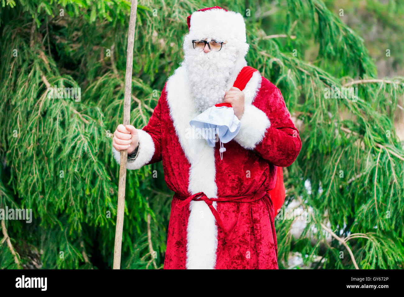 Santa Clause in forest with gift bag Stock Photo - Alamy