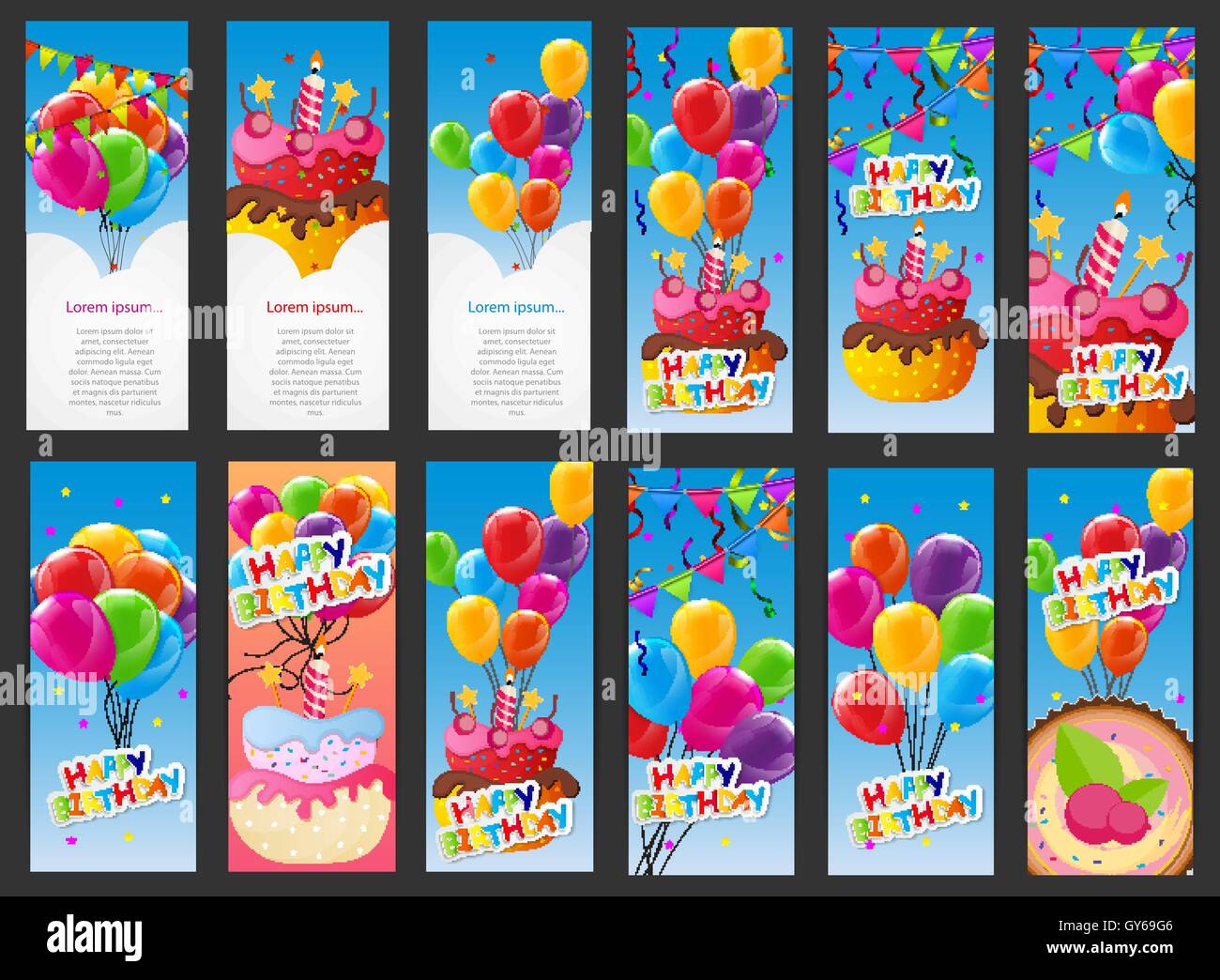 Happy Birthday Card Template with Balloons, Cake Candle Vec Stock ...