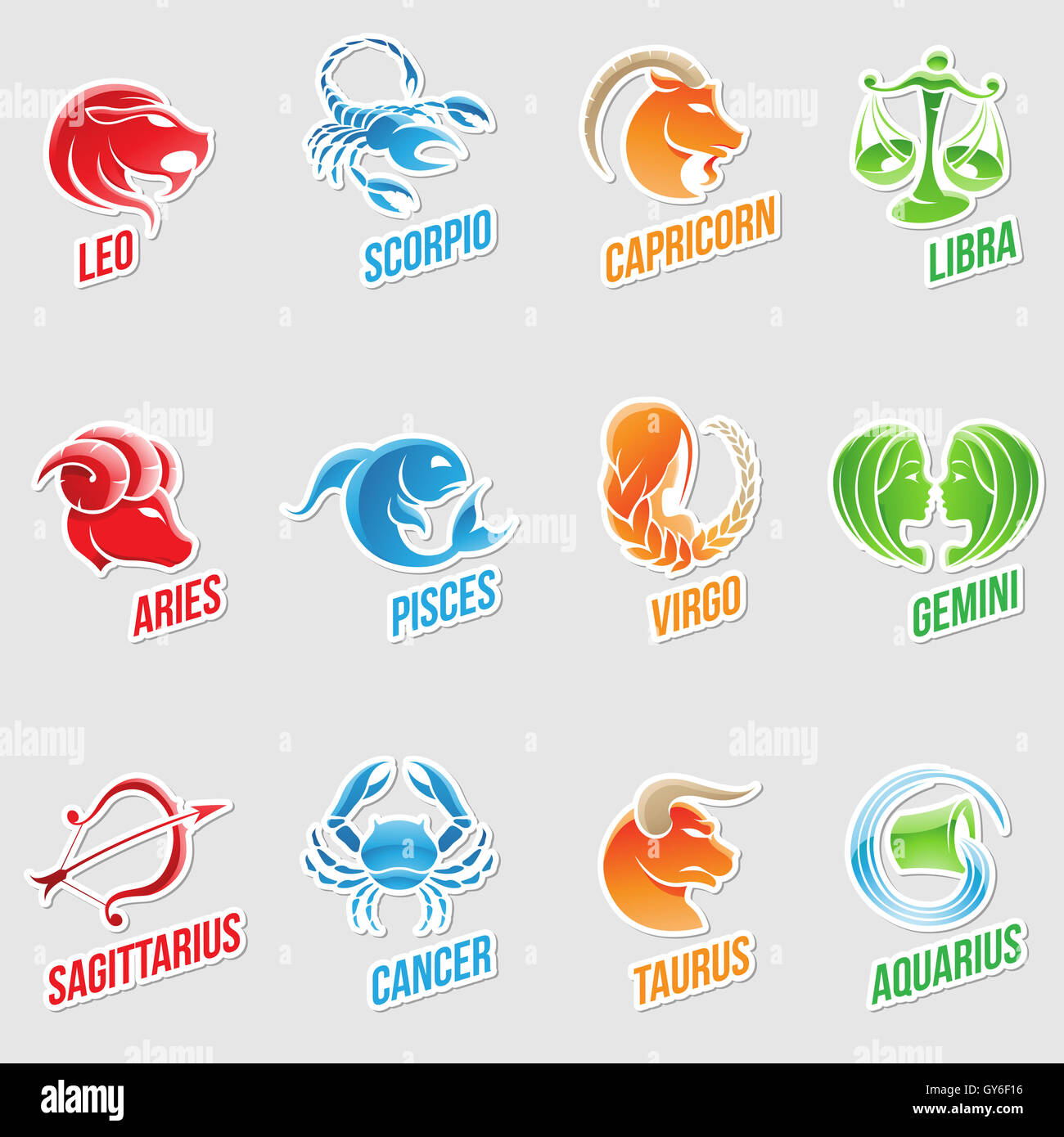 Vector Illustration of Zodiac Star Signs with Sticker like Designs ...