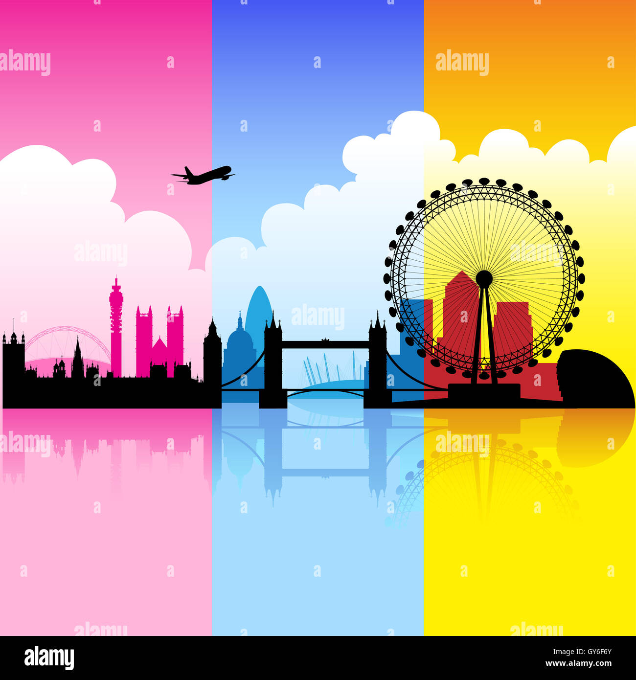 Vector Illustration of colorful London landmarks with reflections on ...