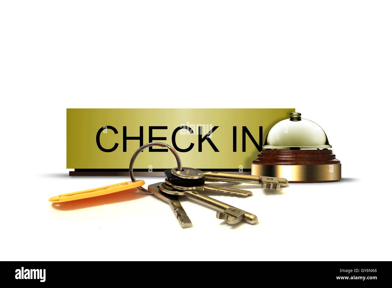 Check In Sign with Call Bell and Bunch of Keys Stock Photo - Alamy
