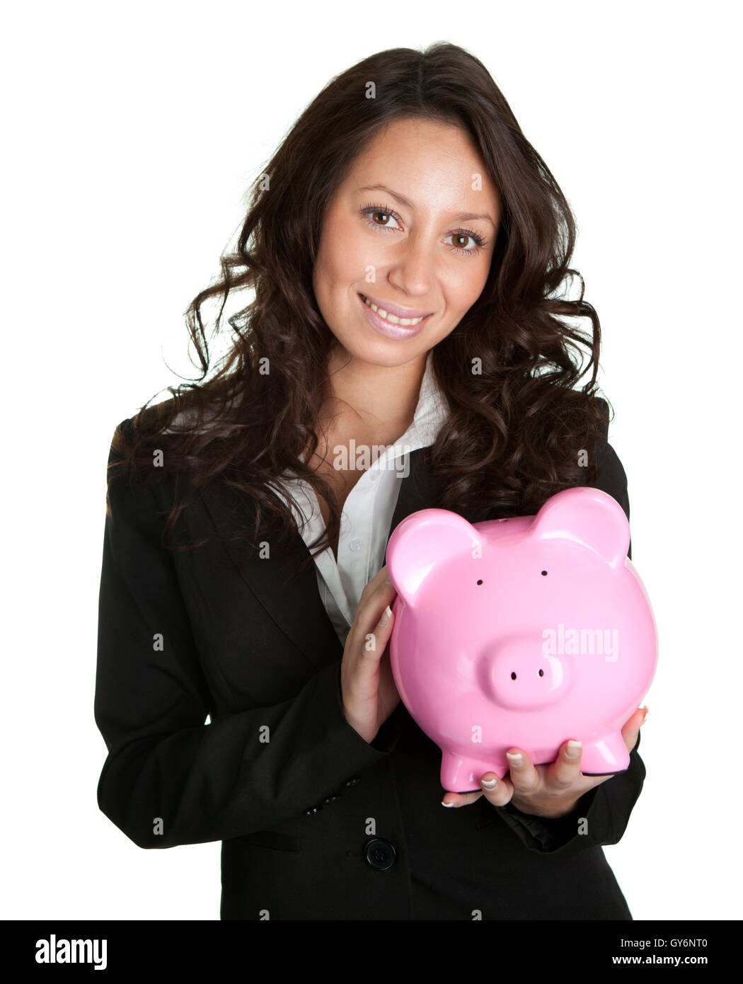 Beautiful young woman saving money Stock Photo - Alamy