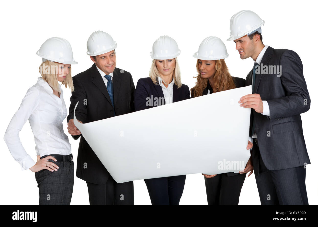 Group of architects discussing blueprint Stock Photo - Alamy