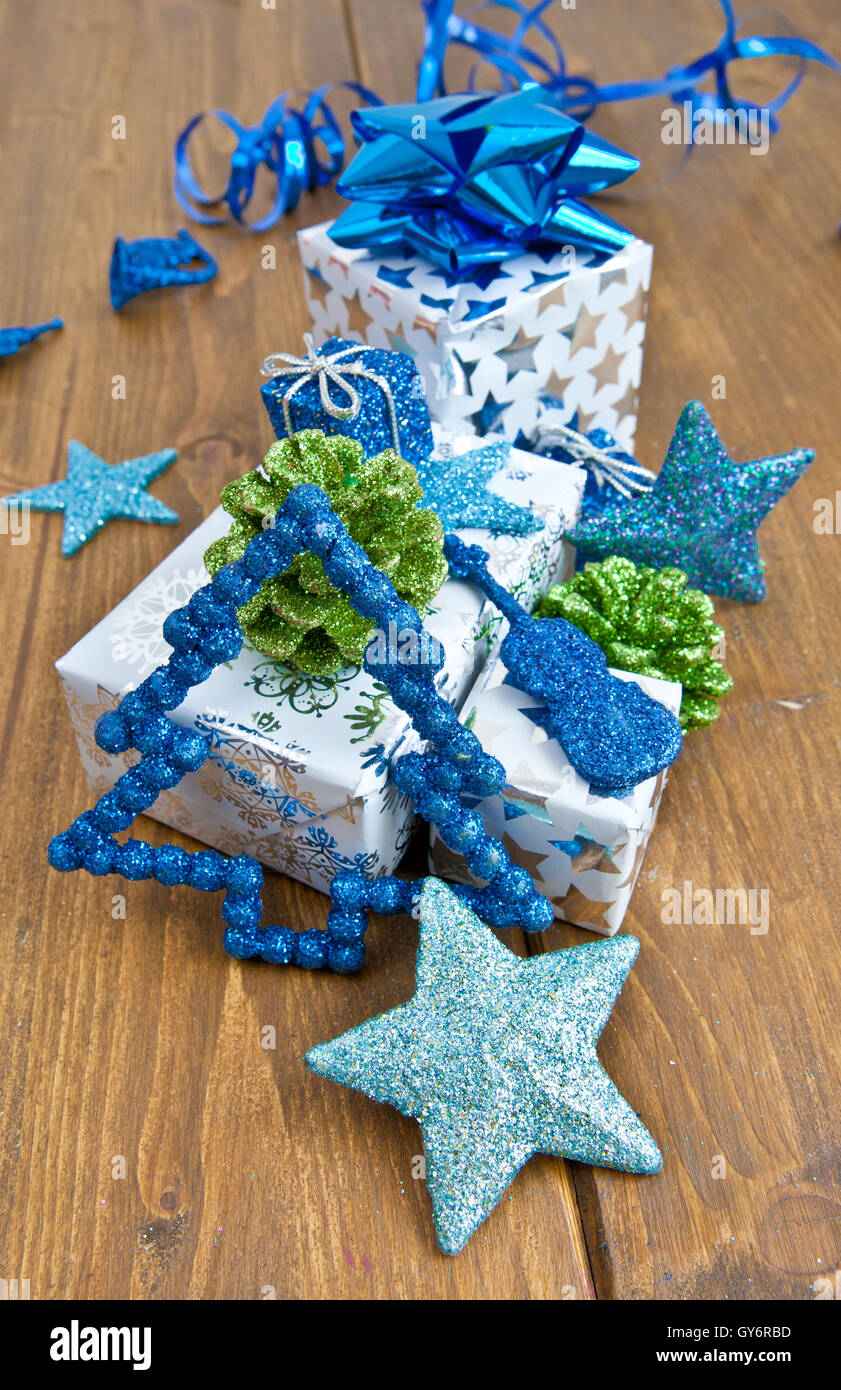 Little gift boxes and christmas decorations Stock Photo - Alamy
