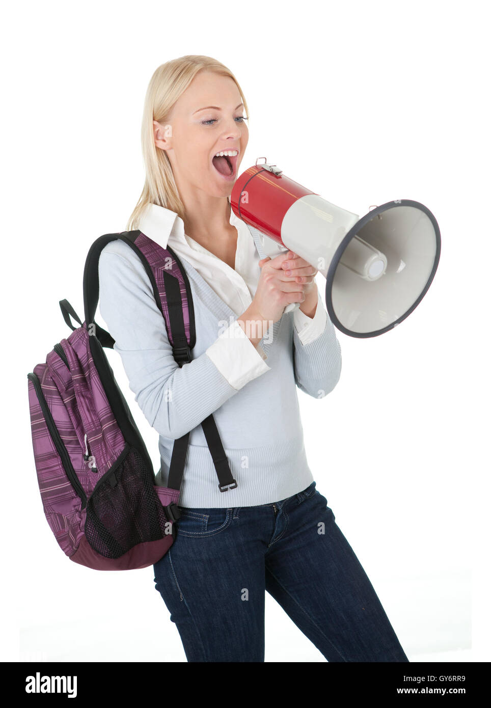 Beautiful student girl shouting in megaphone Stock Photo - Alamy