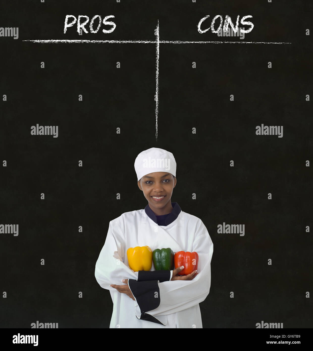 African American woman chef with chalk pros and cons on blackboard ...