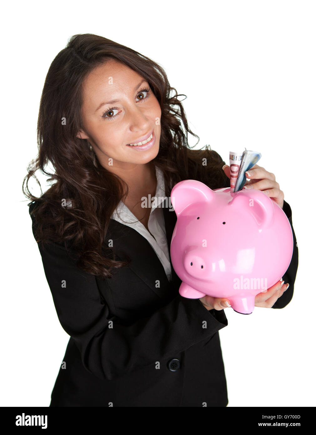 Beautiful young woman saving money Stock Photo - Alamy