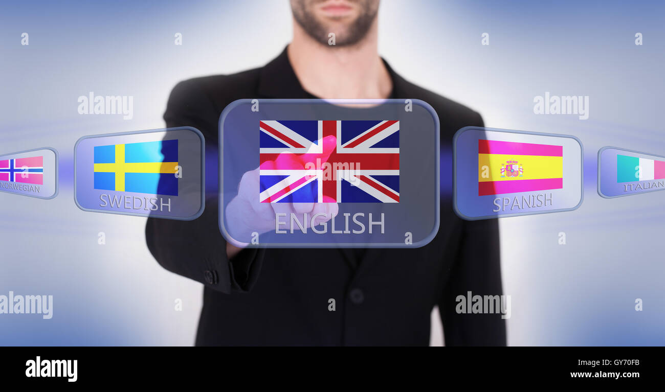 Hand pushing on a touch screen interface Stock Photo - Alamy