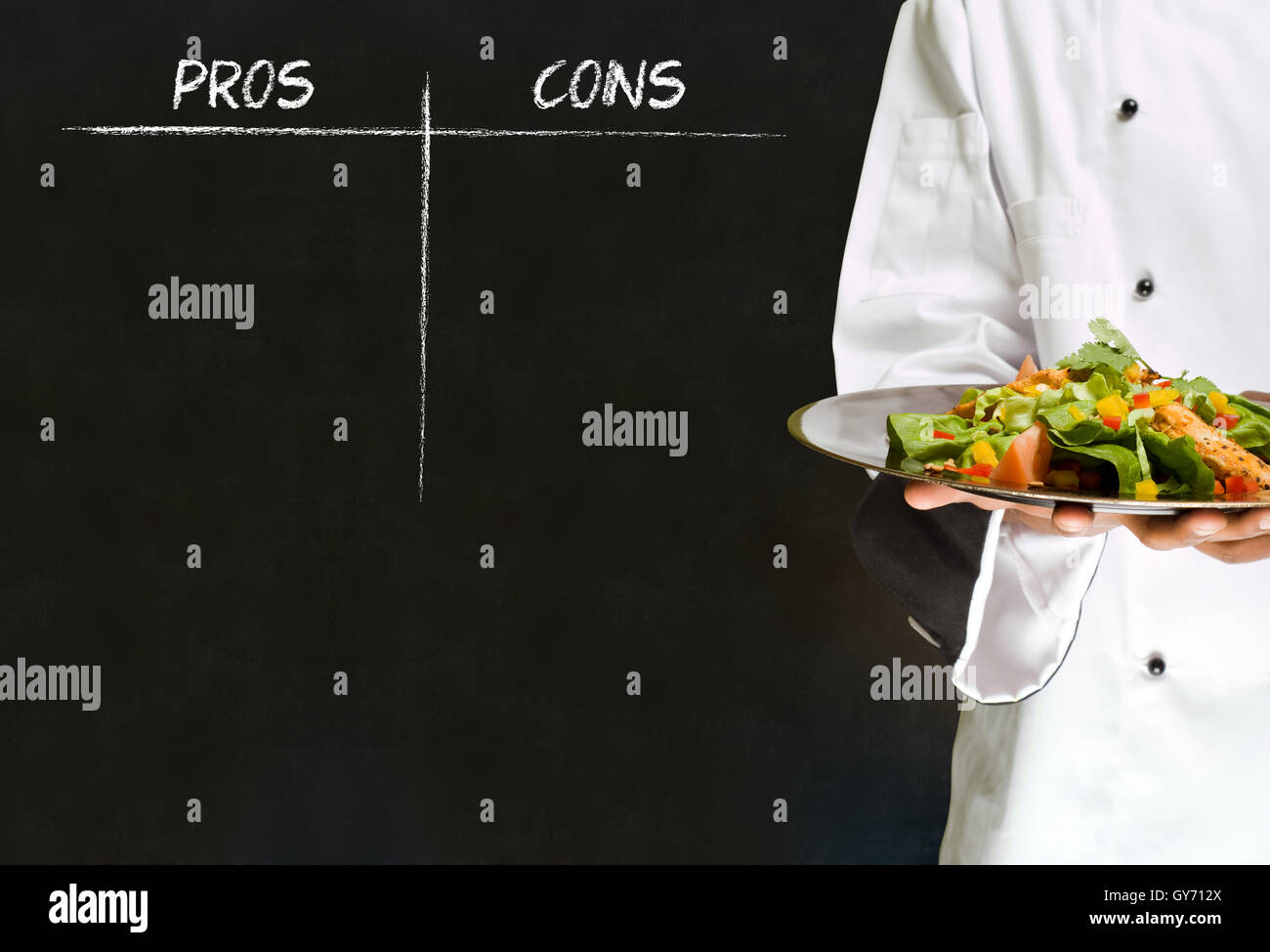 African American woman chef with chalk pros and cons on blackboard ...