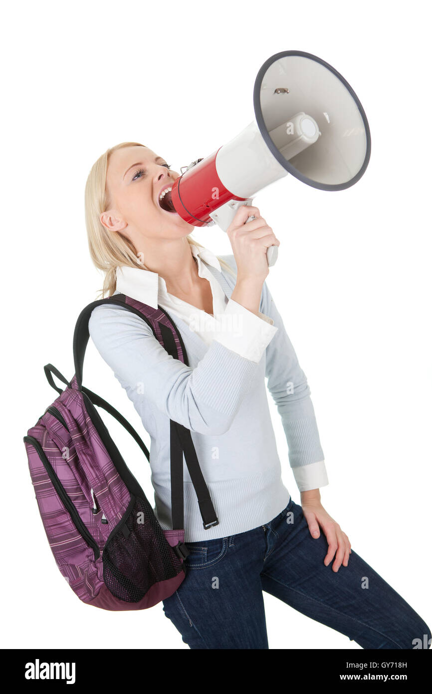 Beautiful student girl shouting in megaphone Stock Photo - Alamy