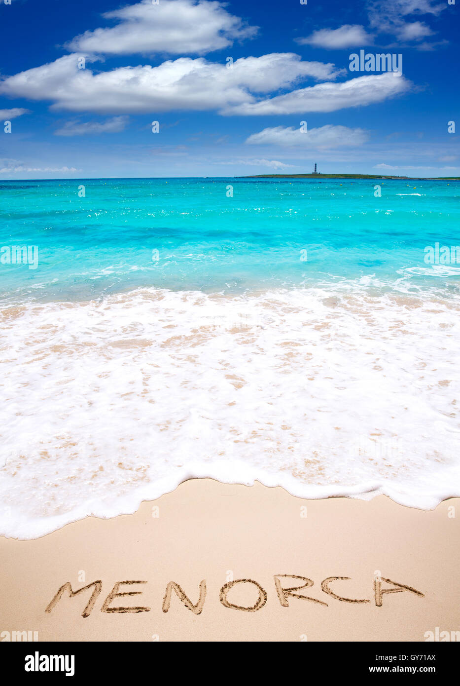 Menorca word written on sand of mediterranean beach Stock Photo - Alamy