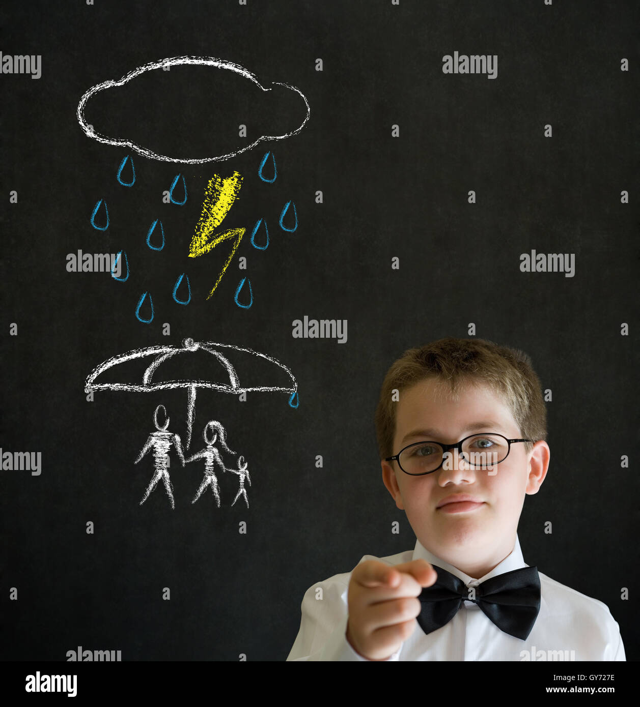 Thinking boy business man thinking about protecting family from natural ...
